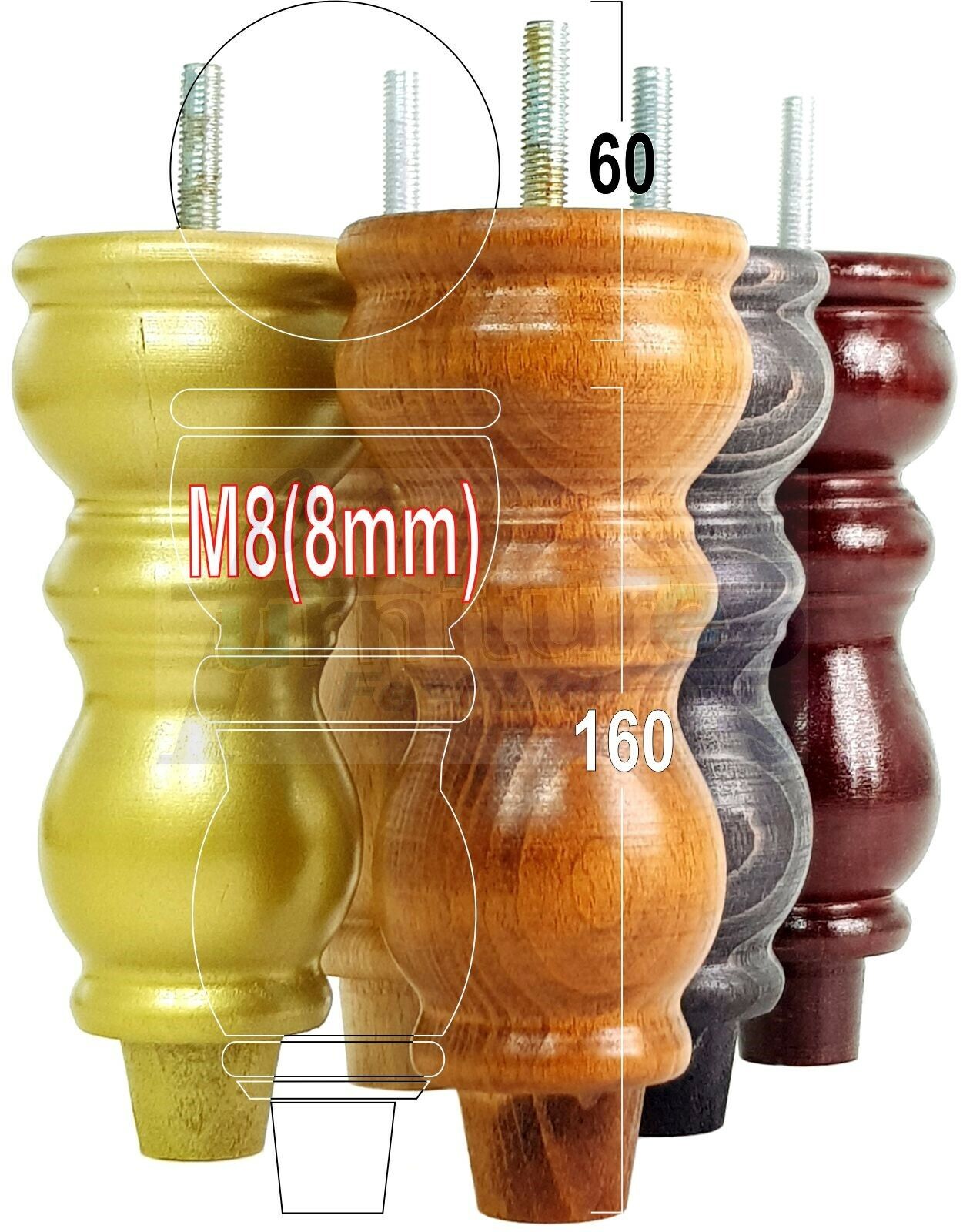 Solid Wood Furniture Feet Set of 4 Legs 160mm High For Sofas Chairs St ...