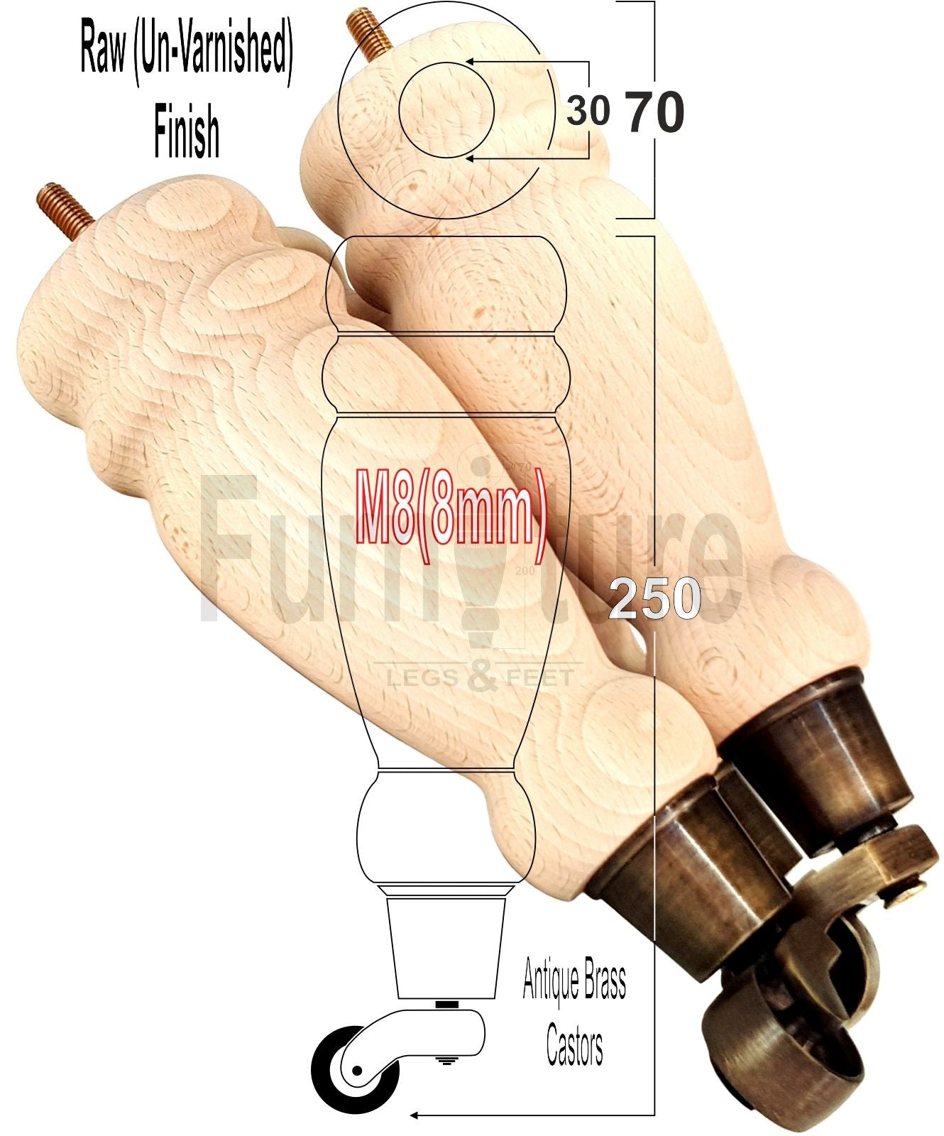 Set Of 4 Wooden Turned Replacement Furniture Legs 250mm High With Anti ...